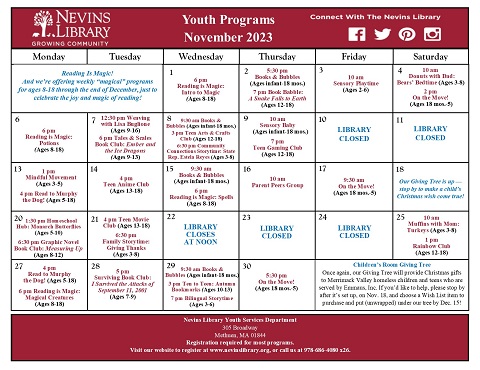 Youth Programs Monthly Calendar & Email List